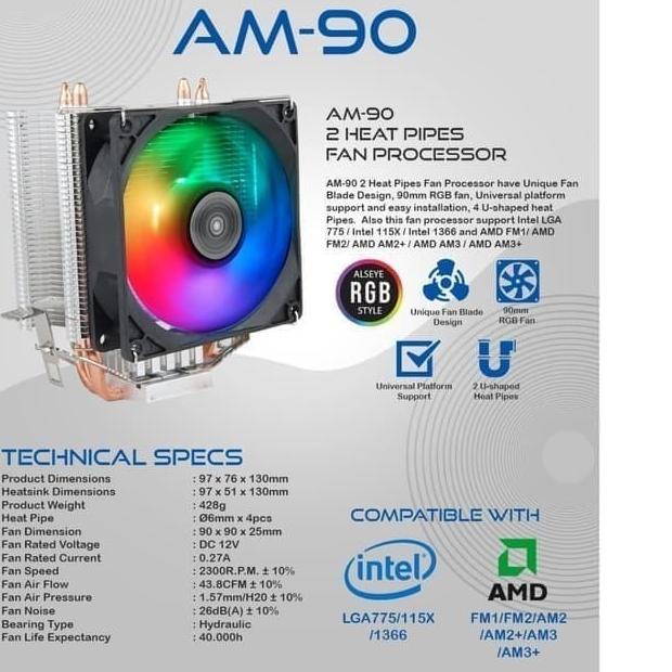 Jual Alseye Fan Processor AM-90 RGB 2 HEAT PIPES AM90 intel & amd ...