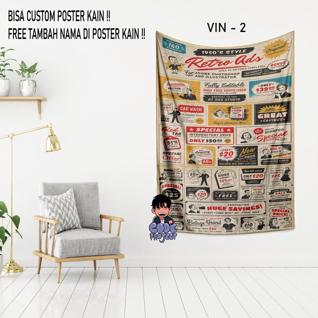 Jual POSTER KAIN RETRO VINTAGE - RETRO - hiasan dinding vintage ...