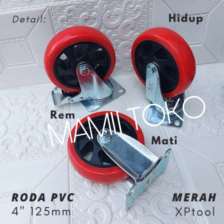 Jual Roda PVC 4 inch 100 mm merah Hidup Mati Rem Roda kastor troli ...