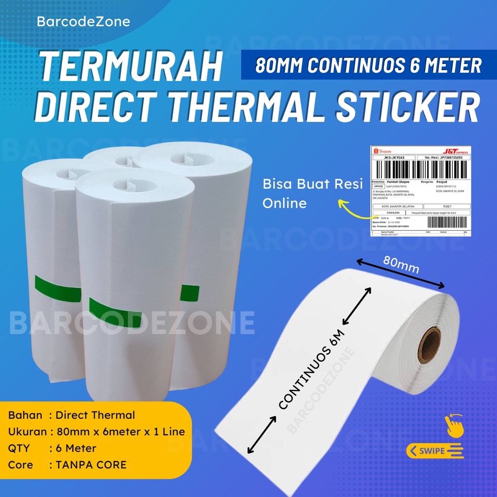 Jual LABEL THERMAL STIKER 80mm X 6M - LABEL CONTINUOUS UNTUK CETAK ...