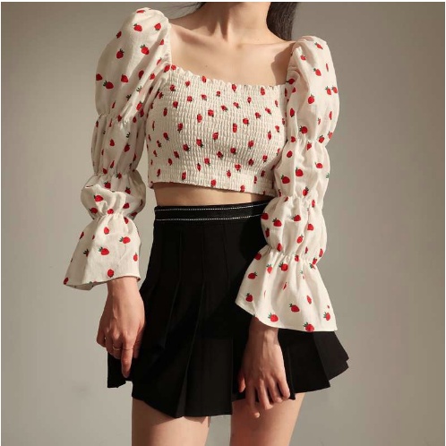 Jual Mini Crop Top in Strawberry Print with Long Sleeve - Top Baju ...