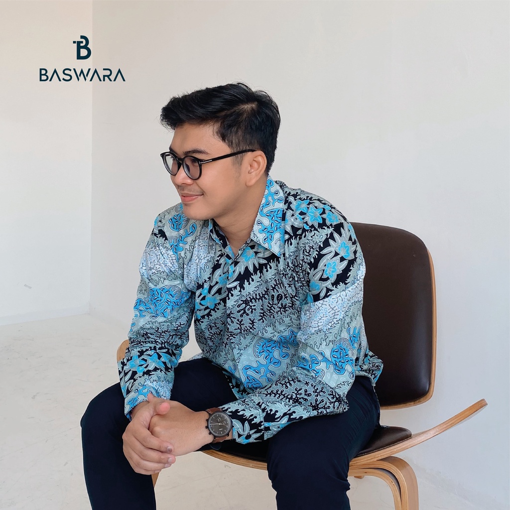 Jual Baswara Batik Karsa Lengan Panjang Biru Muda A36 | Shopee Indonesia