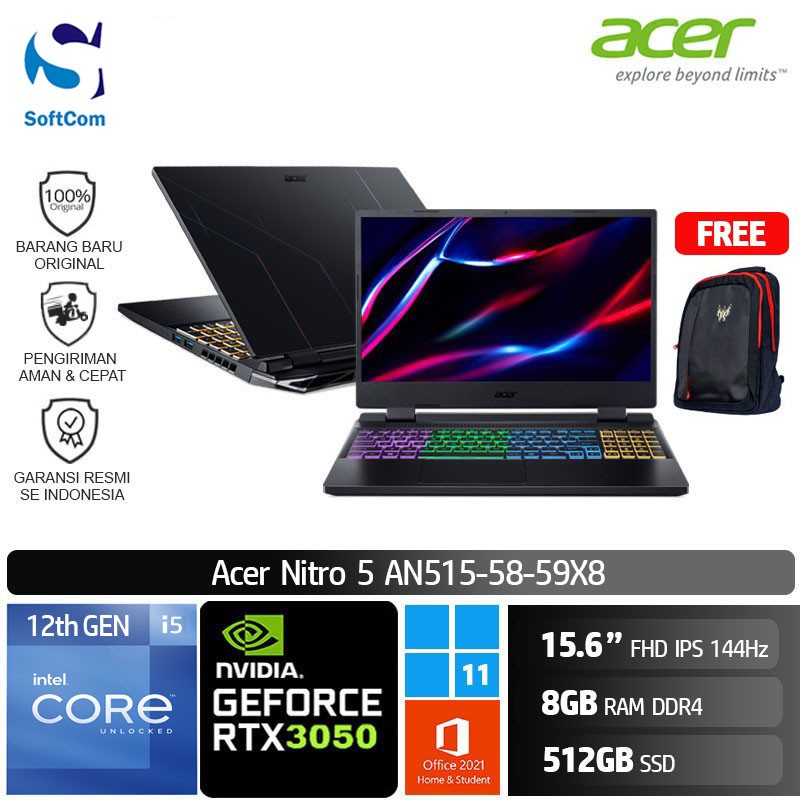 Jual Acer Nitro 5 AN515 58 59X8 i5 12500H/8GB/512GB SSD/RTX3050 4GB/W11 ...
