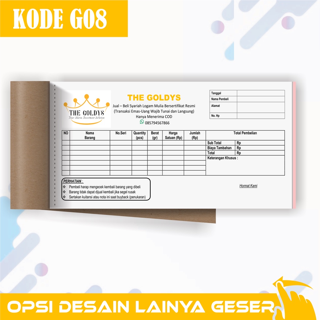 Jual NOTA/KWITANSI TOKO EMAS CUSTOM, UKURAN 21X11CM, SURAT JALAN DLL ...