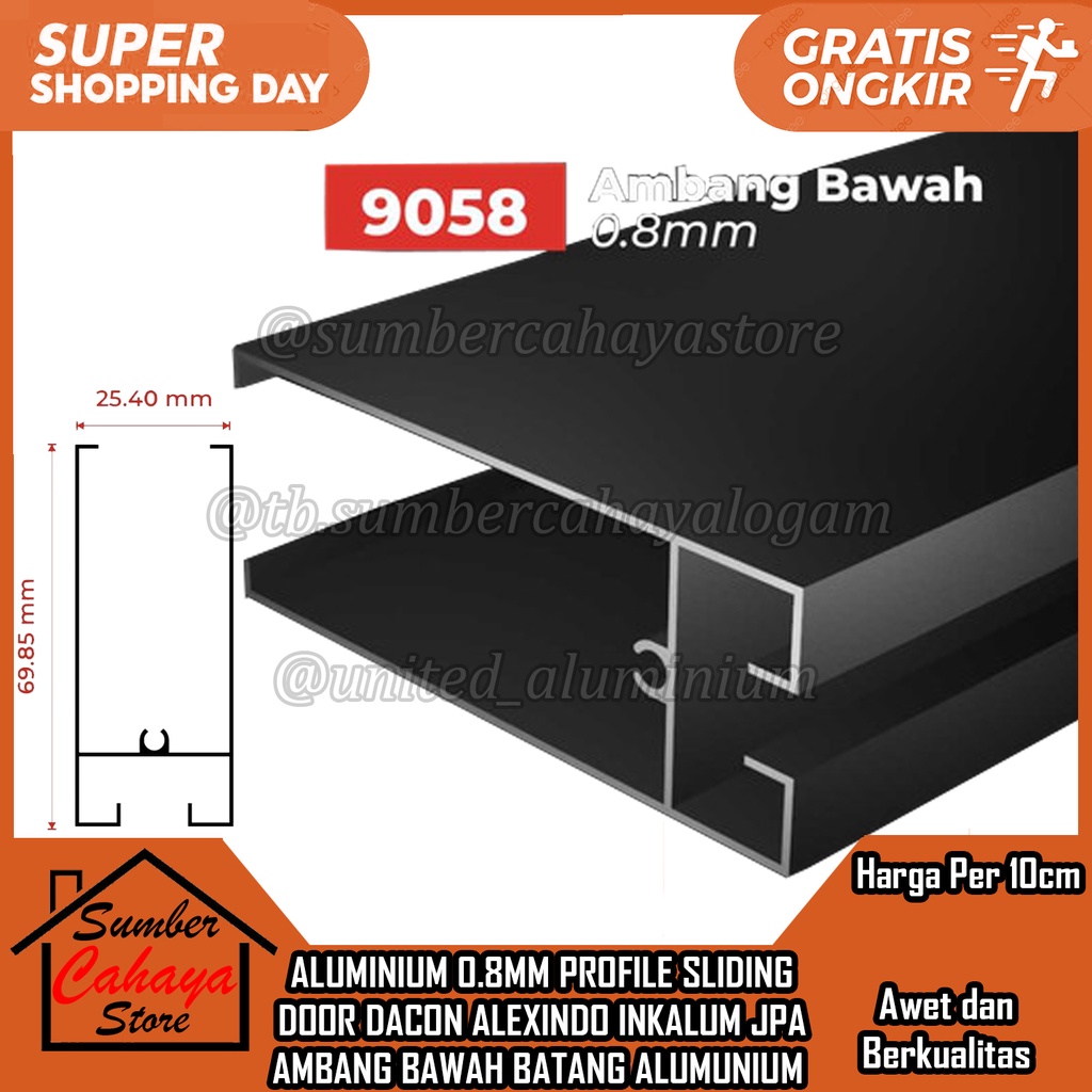 Jual Aluminium Ambang Bawah Profile 9058 Sliding Door Alumunium PER 10 ...