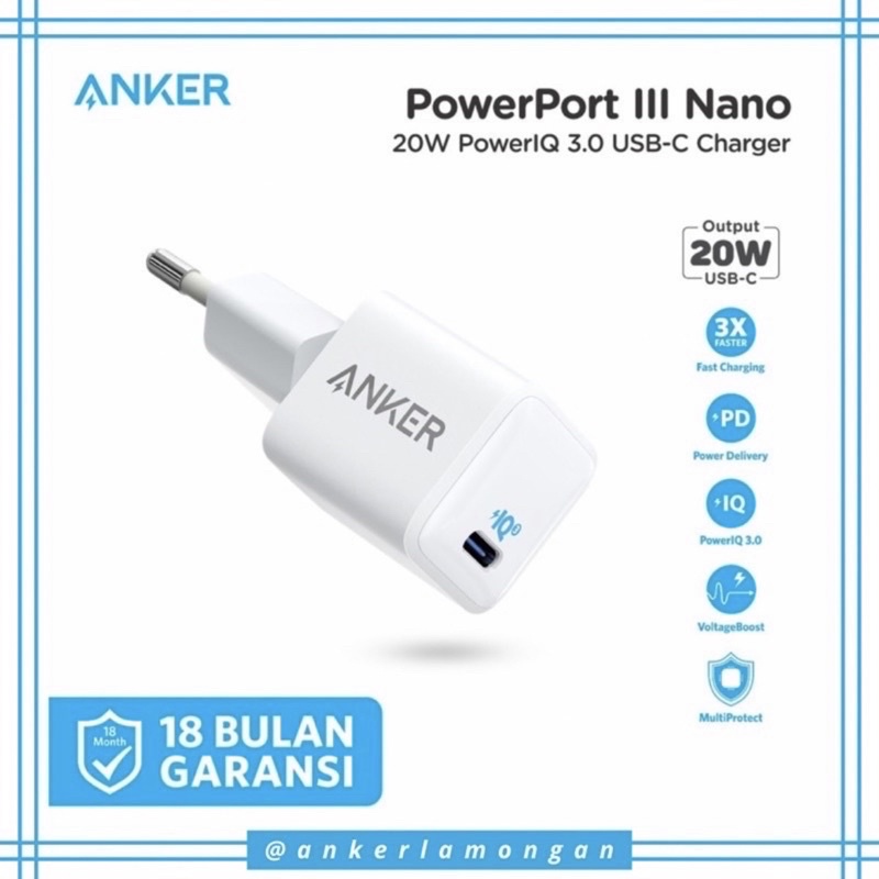 Jual Wall Charger Anker Powerport III Nano A2633 Fast Charging 20W PD ...