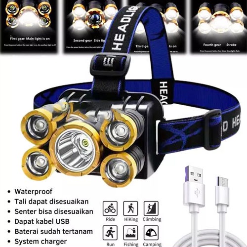Jual READY - STU5LED Headlamp Senter Kepala 5 LED Super Terang USB Rechargeable 45w 4 Mode ...