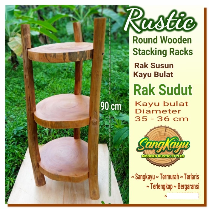 Jual Rak sudut kayu bulat rak susun kayu 3 tingkat 35-37cm rak ...
