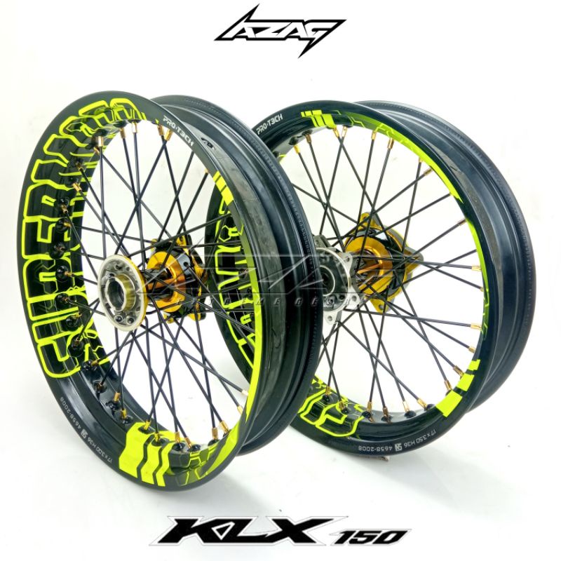 Jual VELG SET / WHEELS SET SUPERMOTO KLX150 GREEN FLOU | Shopee Indonesia