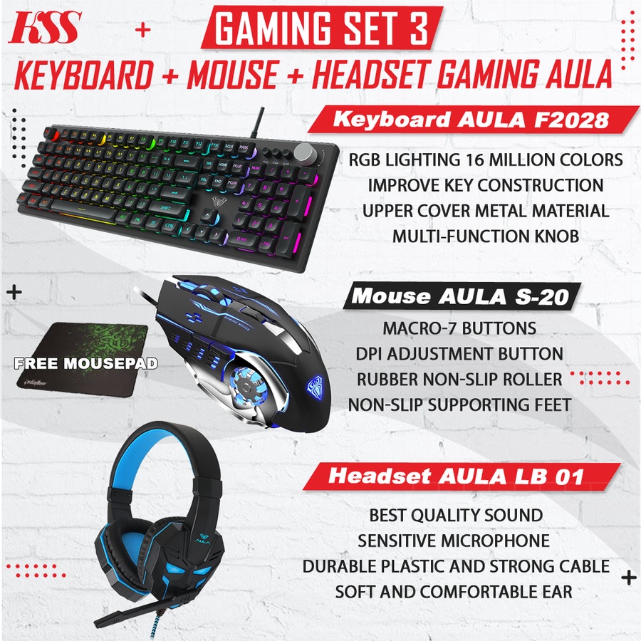 Jual [Gaming SET 3] AULA Keyboard F2028 + Mouse S20 + Headset AULA LB ...