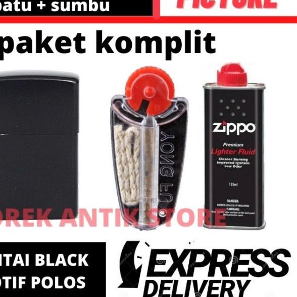 Jual Promo Minyak Zippo + Batu + Sumbu + Korek Api Zippo hitam polos ...