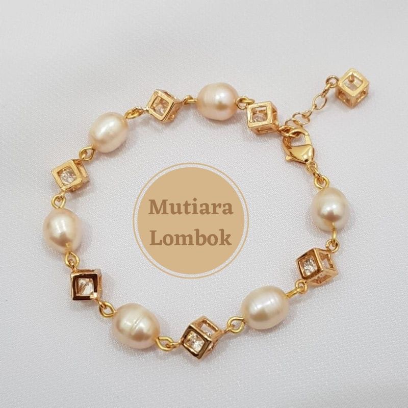 Jual gelang mutiara air tawar lombok mix diamond kotak rangka xuping ...