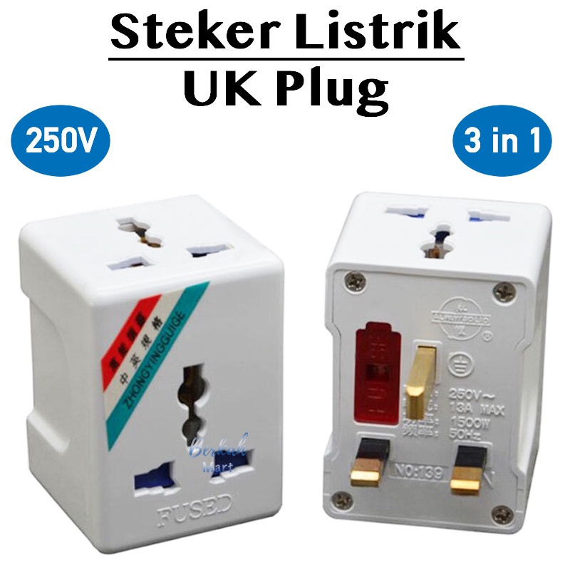 Jual Soket Steker Listrik 3 Pin UK Plug 3 in 1 Adaptor Stop Kontak 13A ...