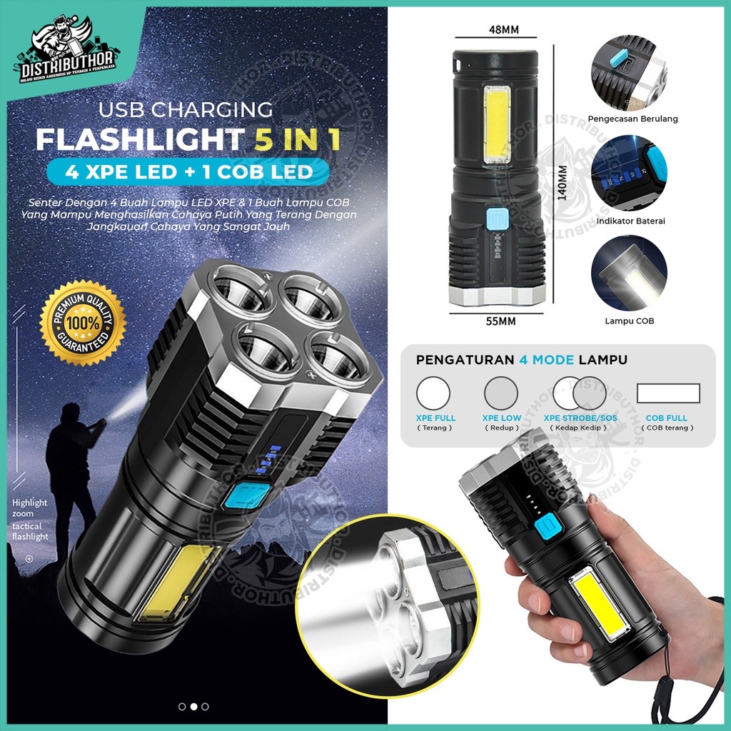 Jual Senter 4 Led + COB Flashlight Portable Emergency Lamp Charger Lampu Darurat Di Rumah ...