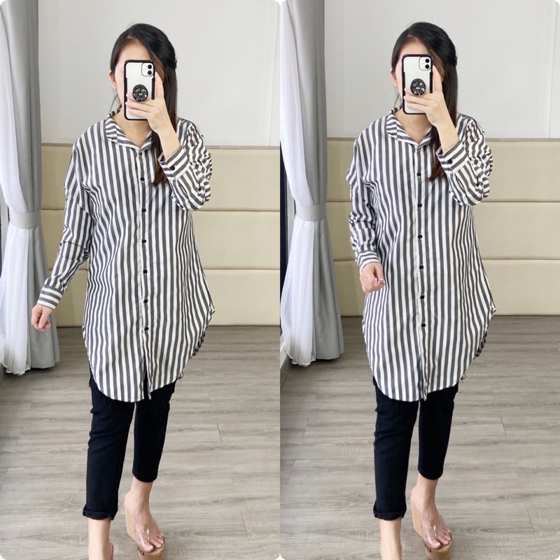 Jual Kemeja Wanita Oversize Crinkle Airflow Premium Terbaru Kekinian Real Pic Kemeja Tunik Salur ...