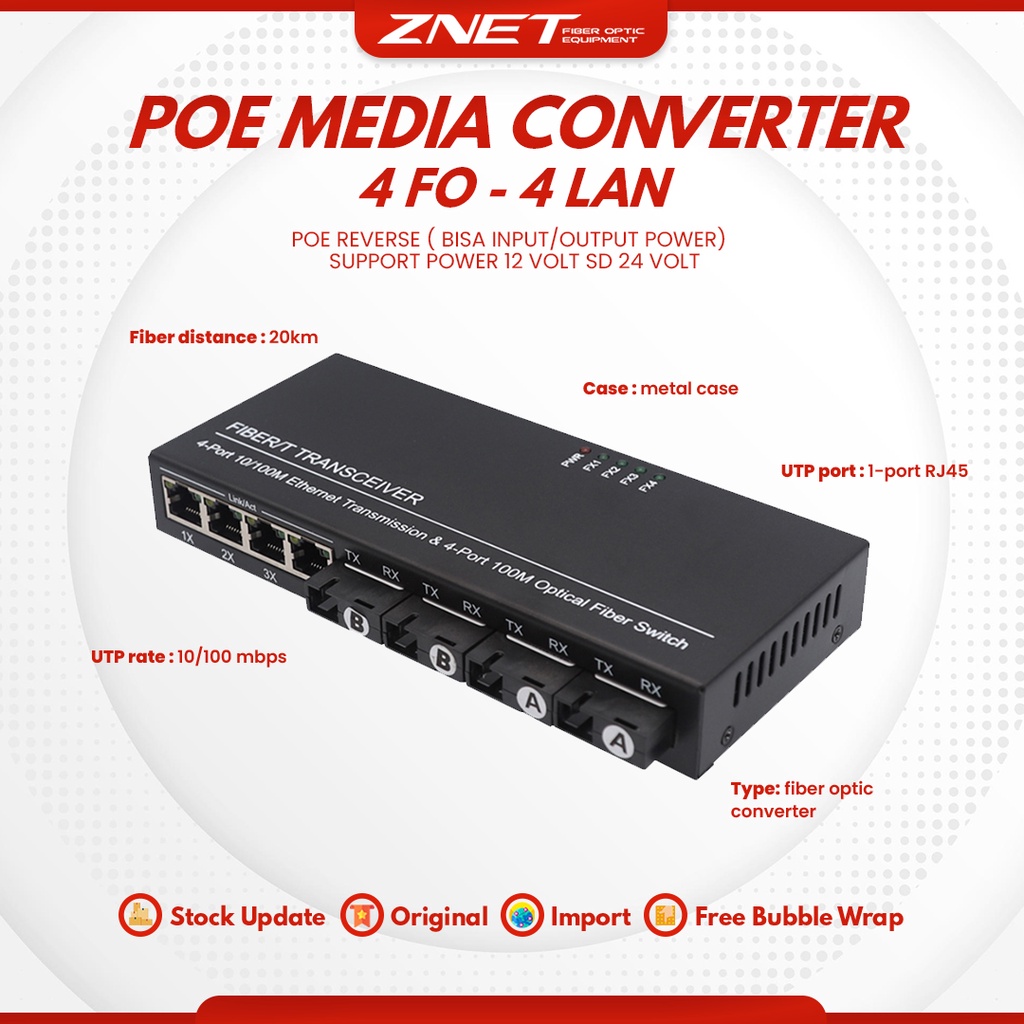 Jual POE 4FO 4LAN Media Converter Switch Hub Fiber Optik Optical Konverter 4 Port FO 4 LAN ...