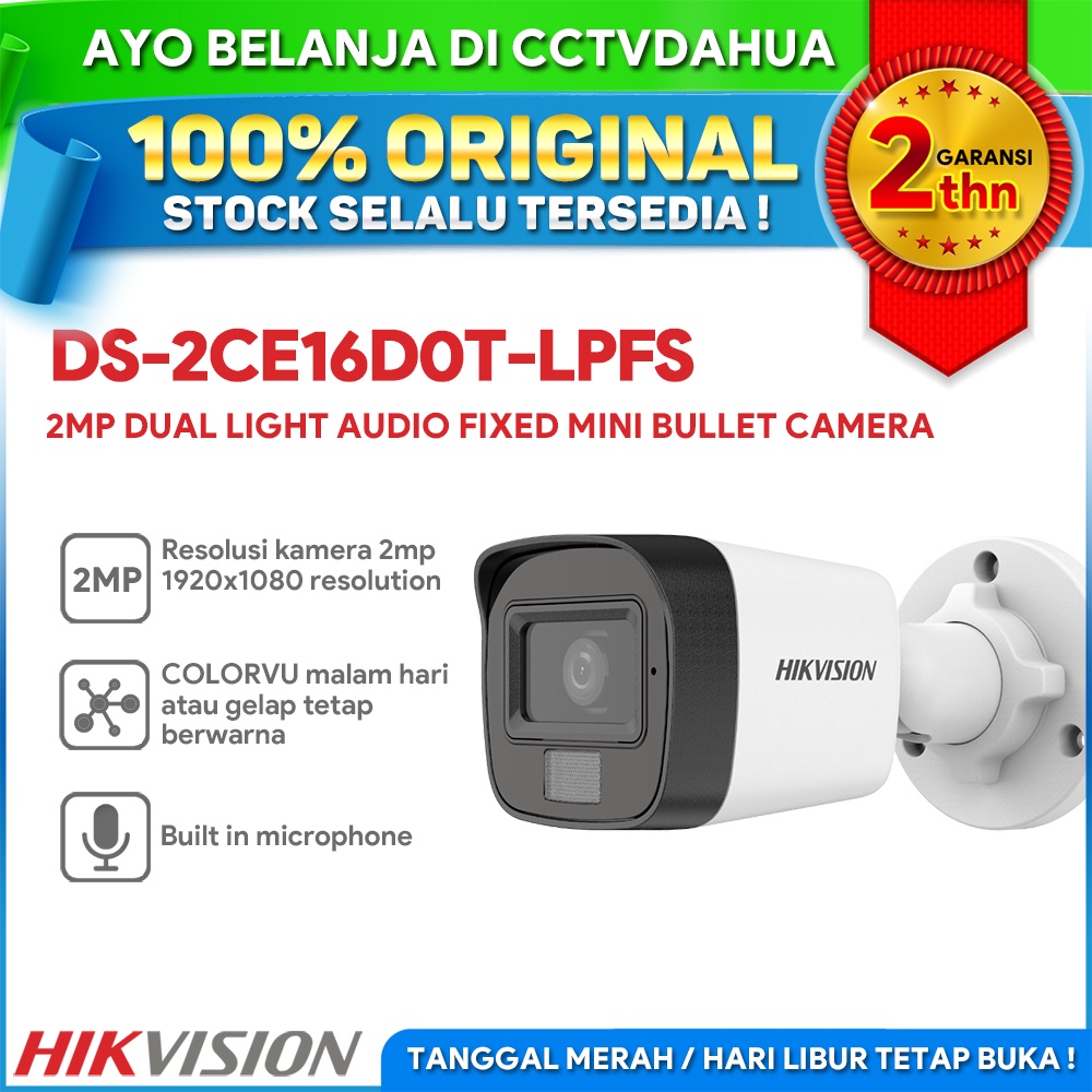 Jual HIKVISION DS-2CE16D0T-LPFS 2MP COLORVU + AUDIO MIC DUAL LIGHT MINI BULLET CAMERA GARANSI ...