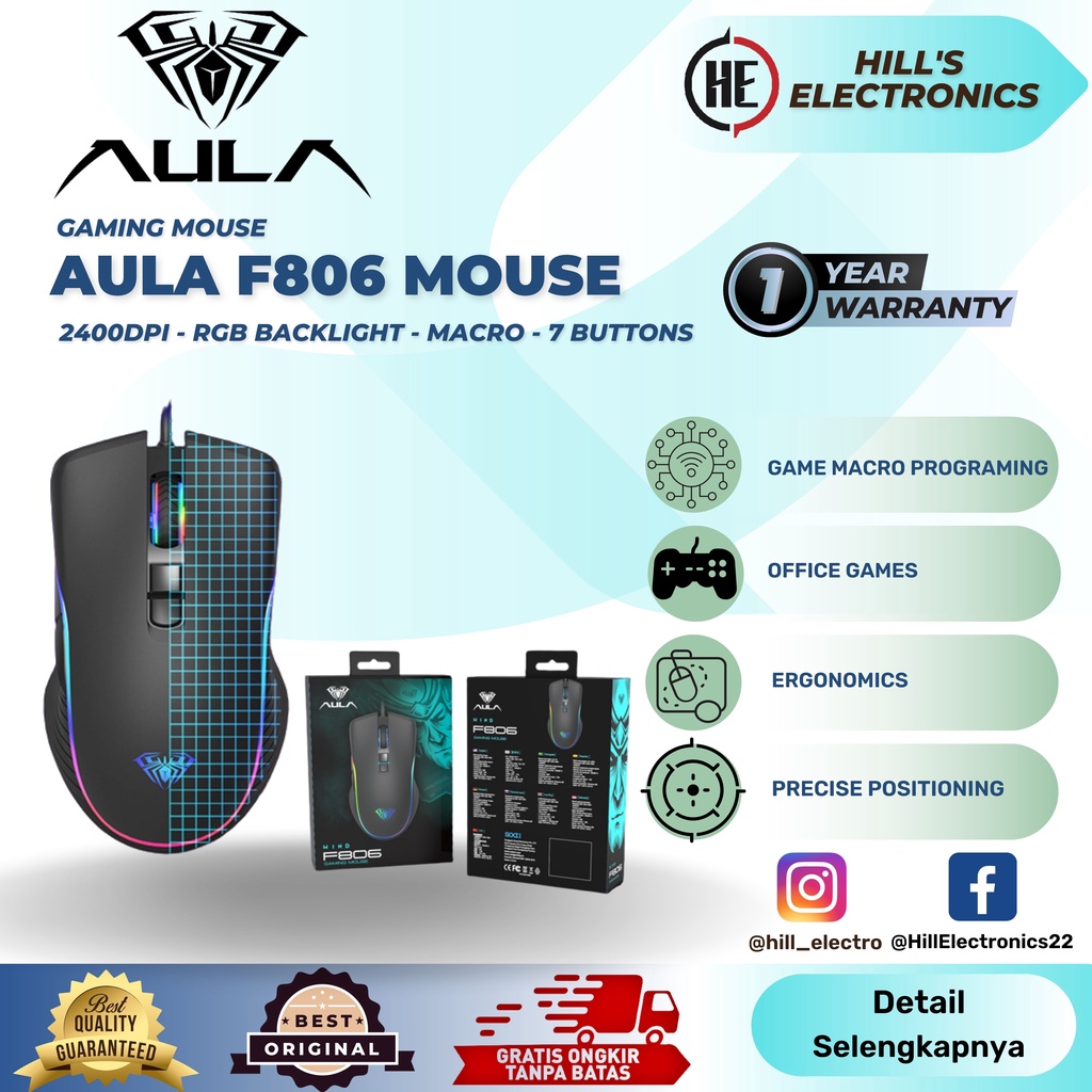 Jual Aula F806 Mouse Gaming 2400DPI Rgb Backlight Macro 7 Buttons | Shopee Indonesia