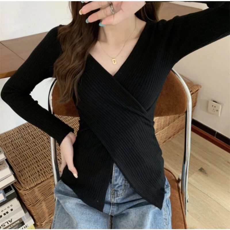 Jual HILICA - Jordyn Top | Knit Longsleeve Silang | Atasan Rajut Korea | Atasan Lengan Panjang ...