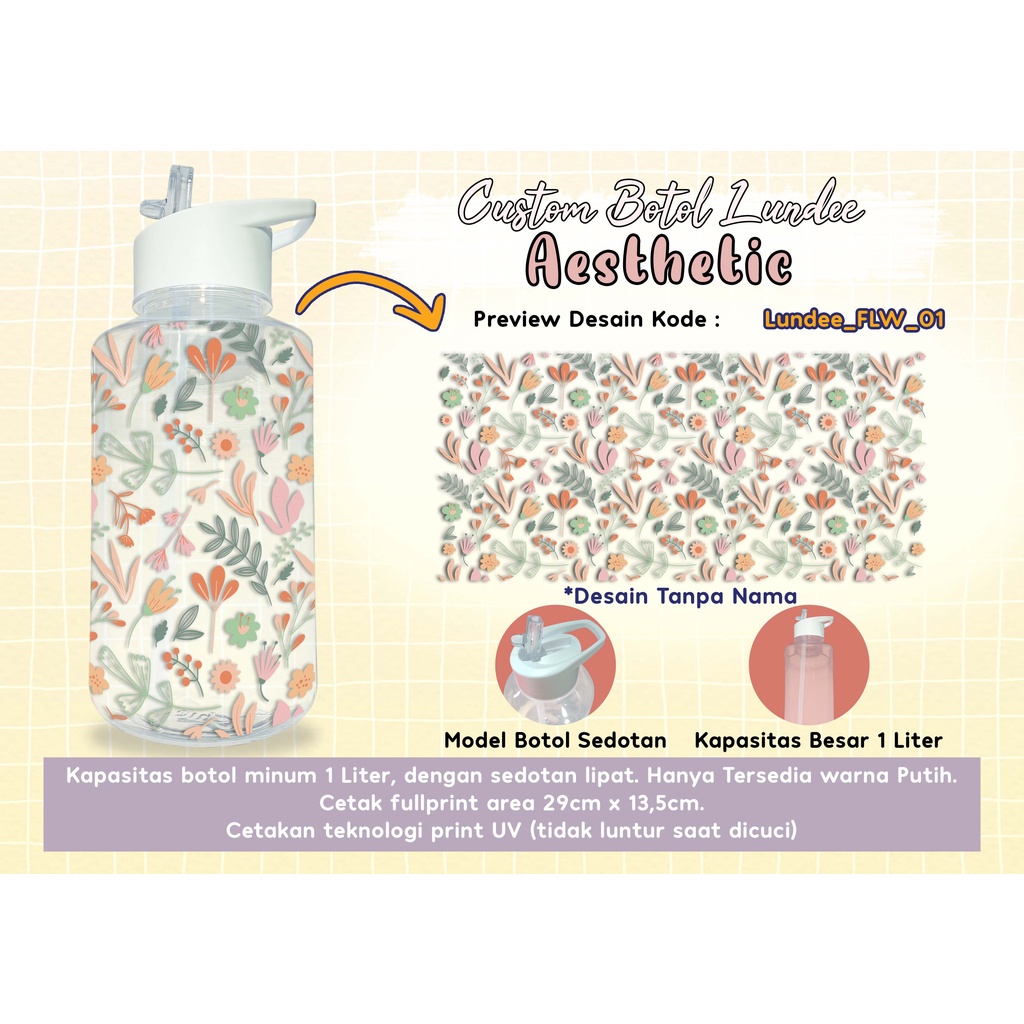Jual BOTOL MINUM CUSTOM LUNDEE GAMBAR ESTETIK AESTHETIC BUNGA / FLORAL - KAPASITAS 1 LITER BOTOL ...