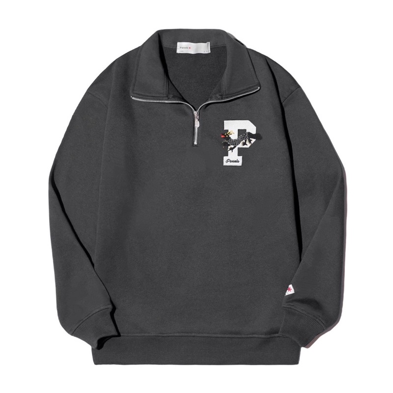 Jual PARSELS - Letterman Grey Quarter Zip Sweatshirt | Half Zip ...