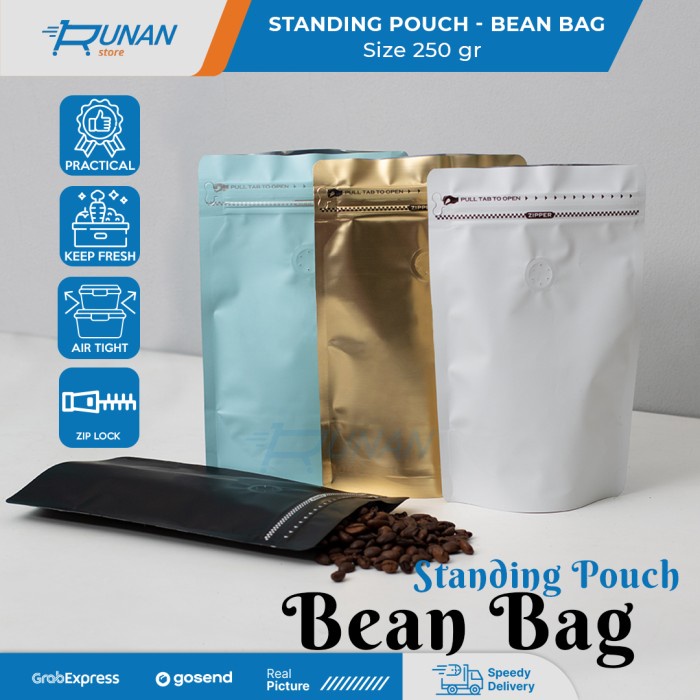 Jual Standing Pouch Bean Bag 250 gr Kemasan Kopi Valve Pouch Biji Kopi ...