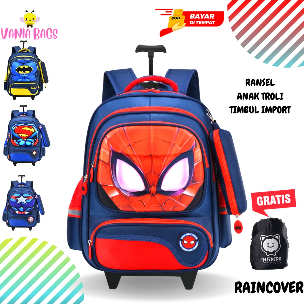 Jual VB Tas troli roda sekolah anak sd import gambar timbul karakter superhero waterproof ...
