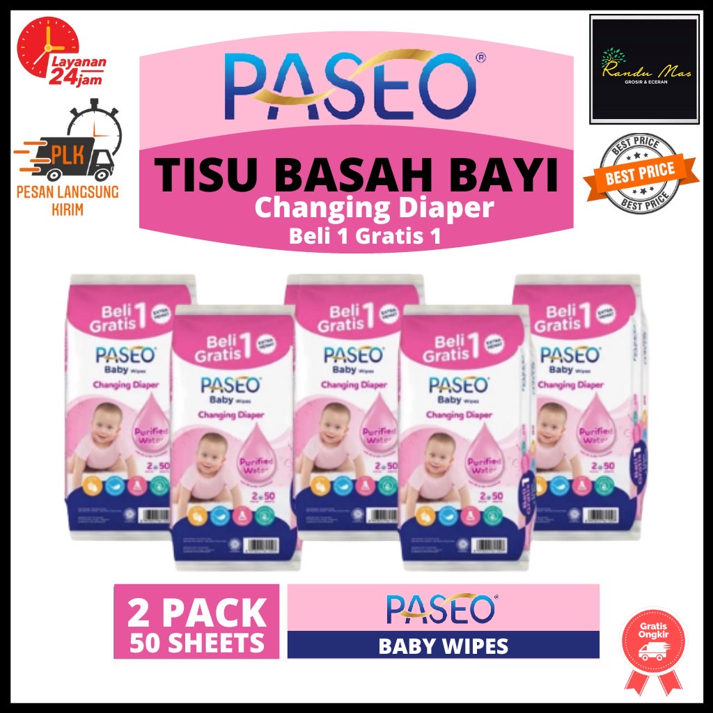 Jual Tissue Paseo Baby Wipes Tisu Basah Bayi Beli 1 Gratis 1 Isi 50 ...