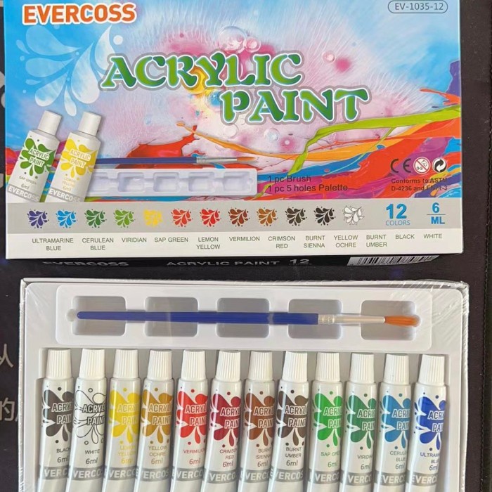 Jual Cat Akrilik Acrylic Paint murah + Palet dan Kuas 12 warna 6ml ...