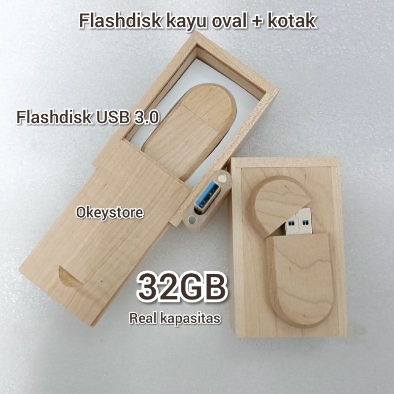 Jual FLASHDISK 32GB USB 3.0 OVAL + BOX KAYU SLIDE REAL KAPASITAS ...