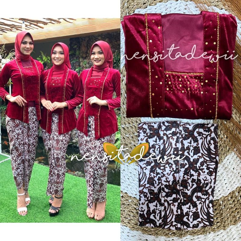 Jual [1 SET] Kebaya Kutubaru Payet + Jarik Instan / DM03G, Nuansa Merah ...
