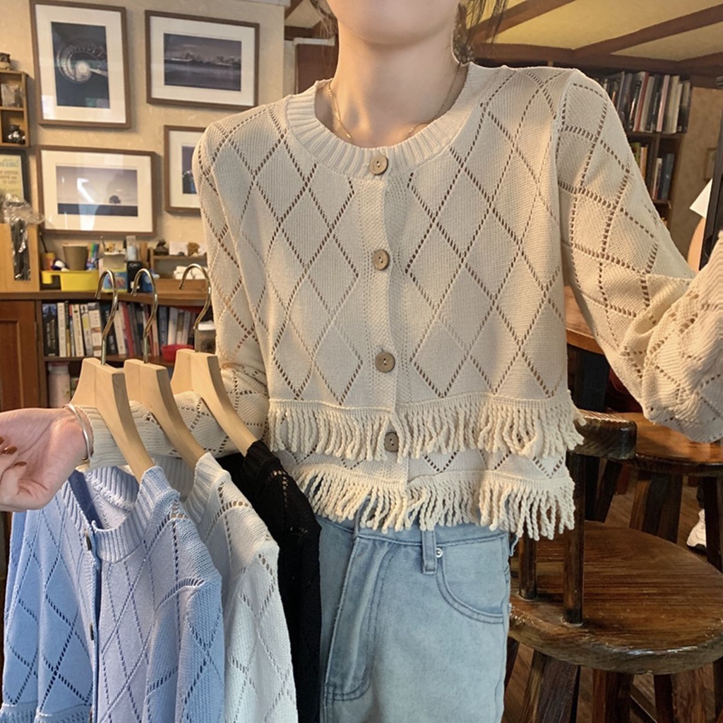 Jual Cardigan Kancing Rajut Crop Vintage Polos Lengan Panjang Casual Top | Shopee Indonesia