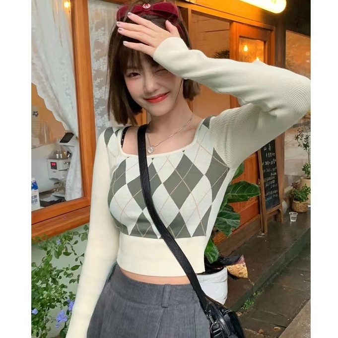 Jual Korean Baju Atasan Rajut Wanita Kotak Kotak Lengan Panjang Square Neck Casual Top | Shopee ...