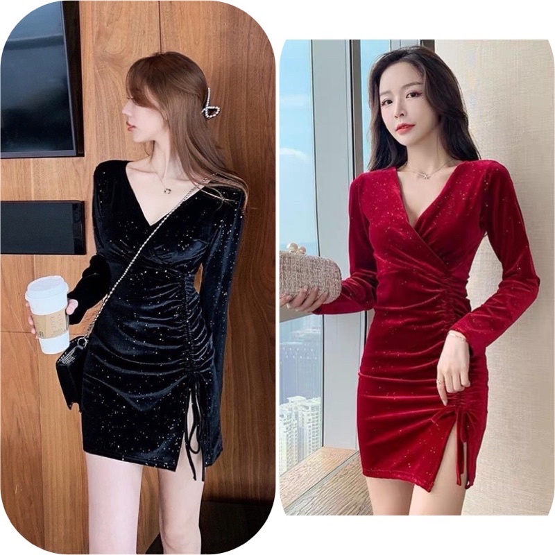 Jual MD14/195 Korean velvet mini dress bodycon v neck blink2 long ...