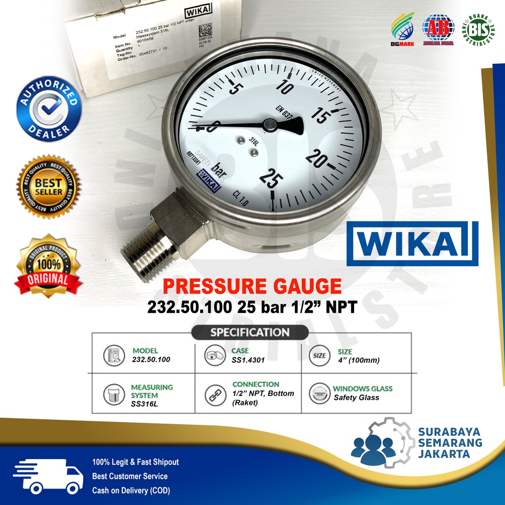 Jual WIKA PRESSURE GAUGE 232.50 25 BAR 1/2" NPT-BOTOM (RAKET) | Shopee Indonesia