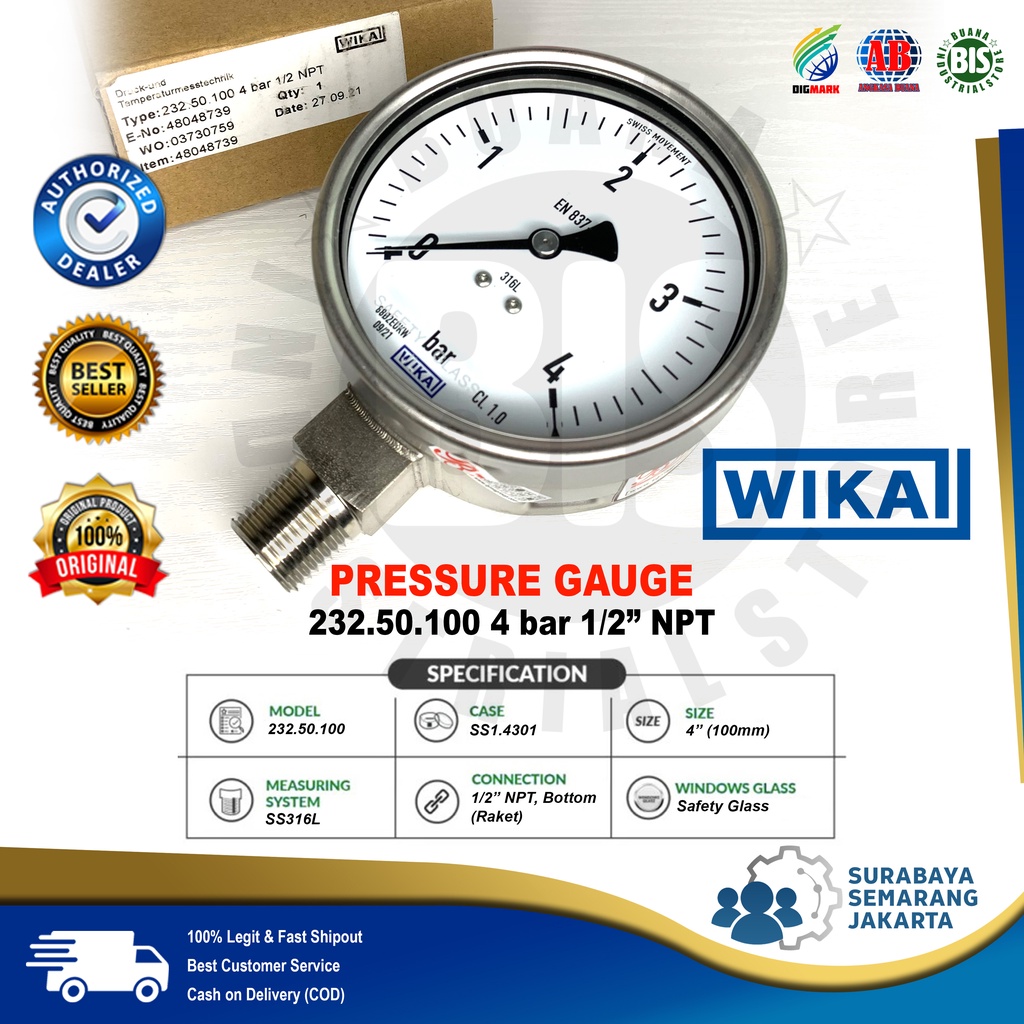 Jual WIKA PRESSURE GAUGE 232.50 4 BAR 1/2" NPT-BOTOM (RAKET) | Shopee Indonesia