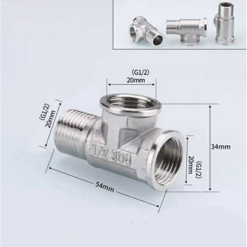 Jual Tee shower stainless 304 sambungan pipa 1/2 inch drat luar dalam | Shopee Indonesia