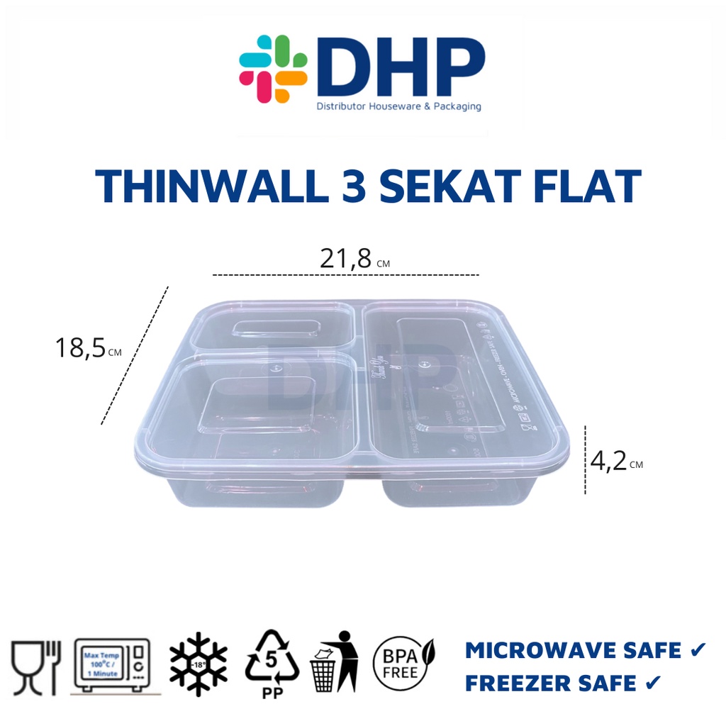 Jual Thinwall Bento 3 Sekat FLAT + Tutup Box Kotak Nasi Plastik Food Container Kotak Makan ...