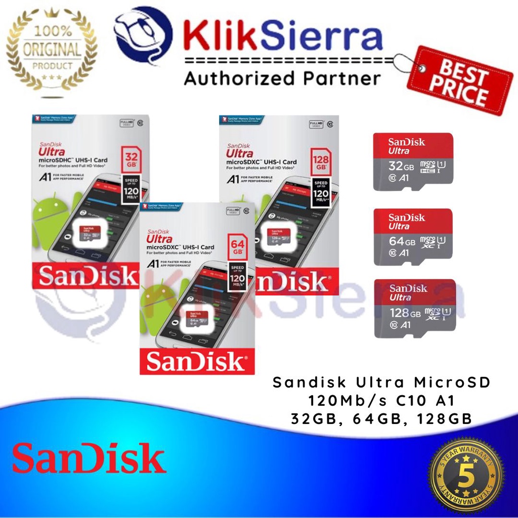 Jual SanDisk Ultra MicroSD 32GB 64GB 128GB Class 10 A1 Micro SD 120MB/s Ori | Shopee Indonesia
