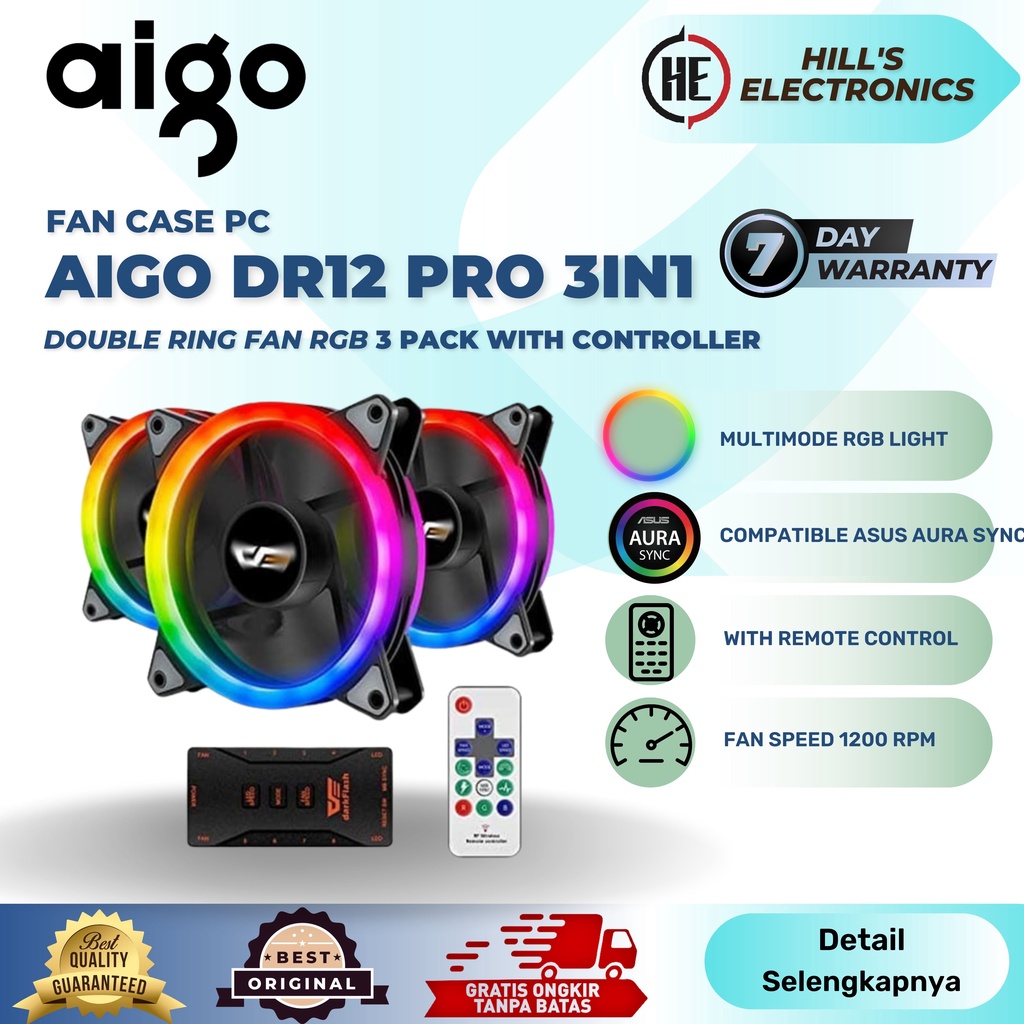 Jual AIGO DR12 PRO 3in1 Double Ring Fan RGB - 3 Pack With Controller ...