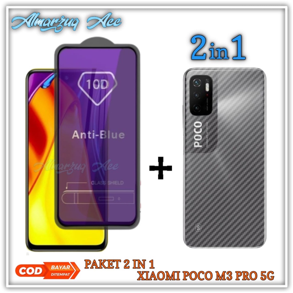 Jual Paket 2in1 untuk Xiaomi Poco M3 Pro 5G Tempered Glass Blue Anti Radiasi+Skin Carbon ...