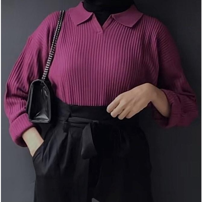 Jual Blouse knit, Blouse Rajut COLLAR. Blouse korea Crop rajut, Atasan Wanita Kerah Polo, Blouse ...