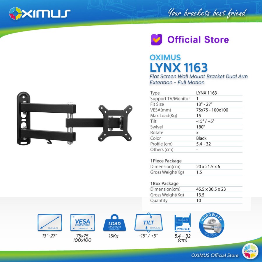 Jual BRACKET TV LED MONITOR 13"-27" OXIMUS LYNX 1163 WALL TILT SWIVEL ...
