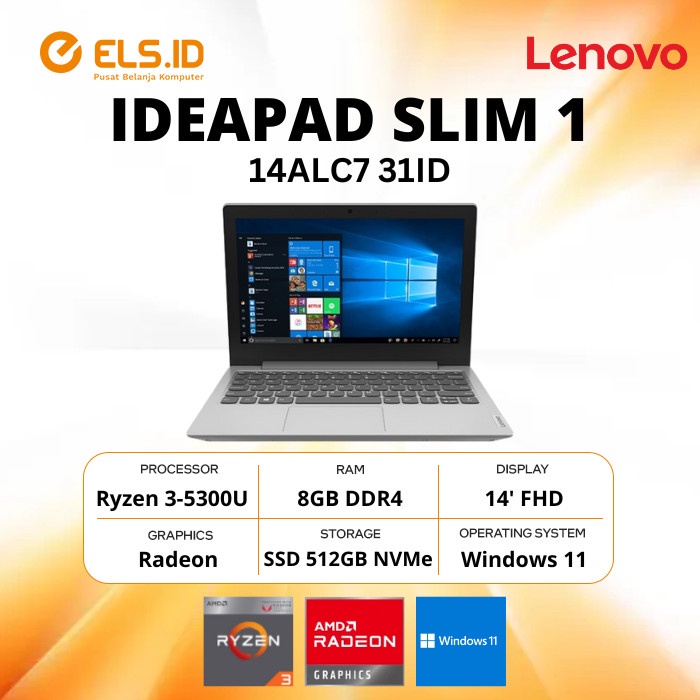 Jual Laptop Lenovo IdeaPad Slim 1-14ALC7 31ID Ryzen 3-5300U 8GB SSD 512GB 14' W11+OHS | Shopee ...