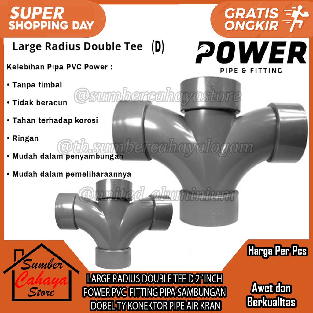 Jual LARGE RADIUS DOUBLE TEE D 2” INCH POWER PVC FITTING PIPA SAMBUNGAN DOBEL TY KONEKTOR PIPE ...