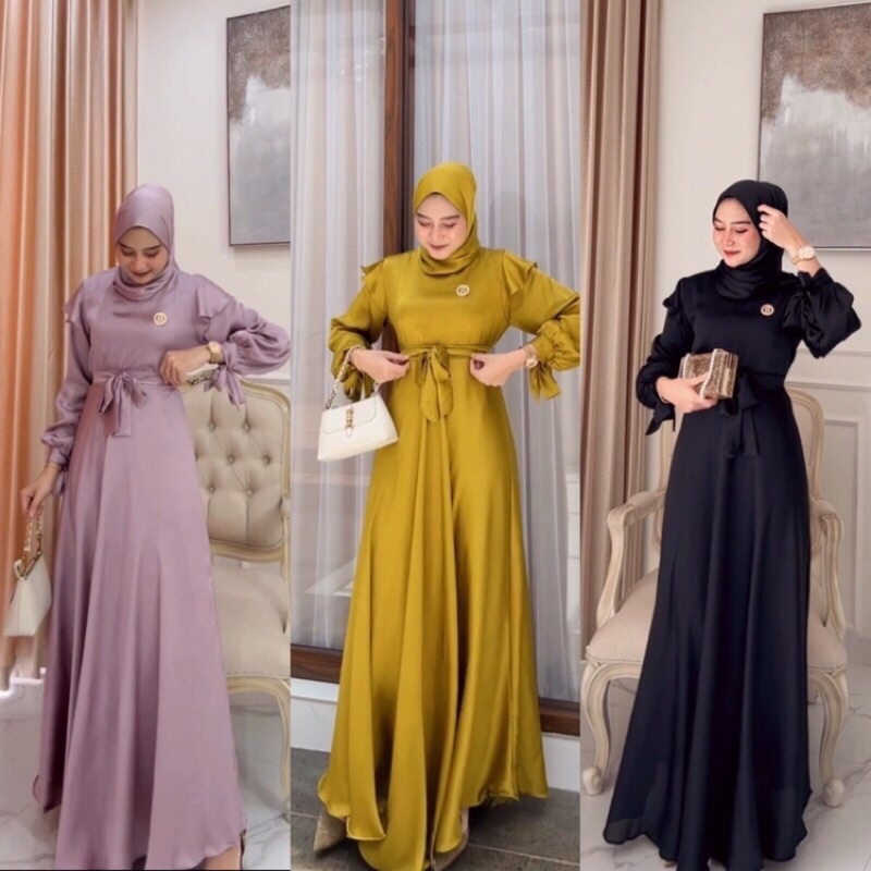 Jual Quenna Dress satin / Dress kondangan / Dress lengan balon / Dress ...