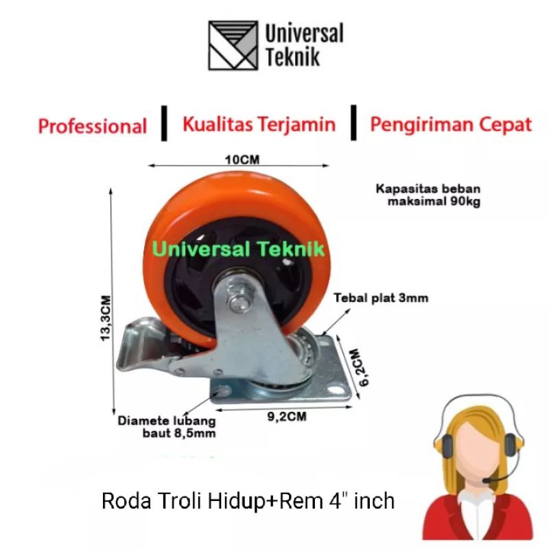 Jual Roda troli Troly PVC / PUHidup+Rem 4 inch orange roda Caster ...