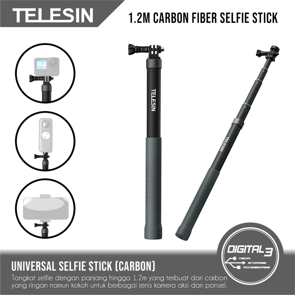 Jual Telesin Carbon Fiber Selfie Stick 1.2M Monopod Camera Insta360 ...