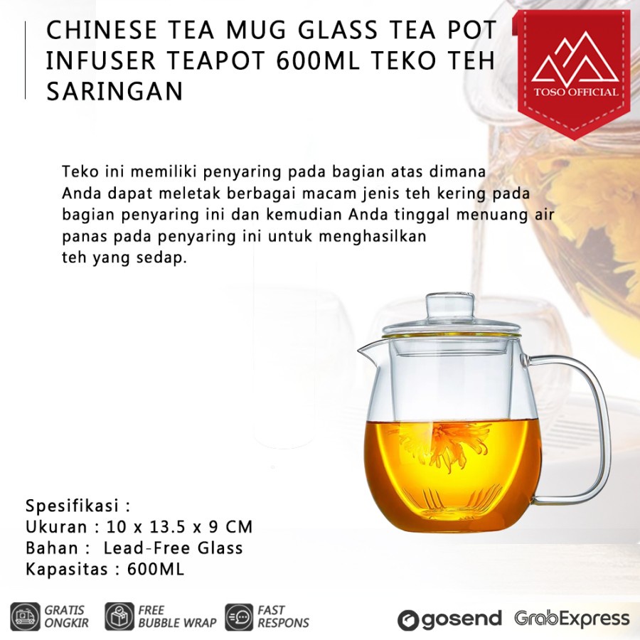 Jual CHINESE TEA MUG GLASS TEA POT INFUSER TEAPOT 600ML TEKO TEH ...