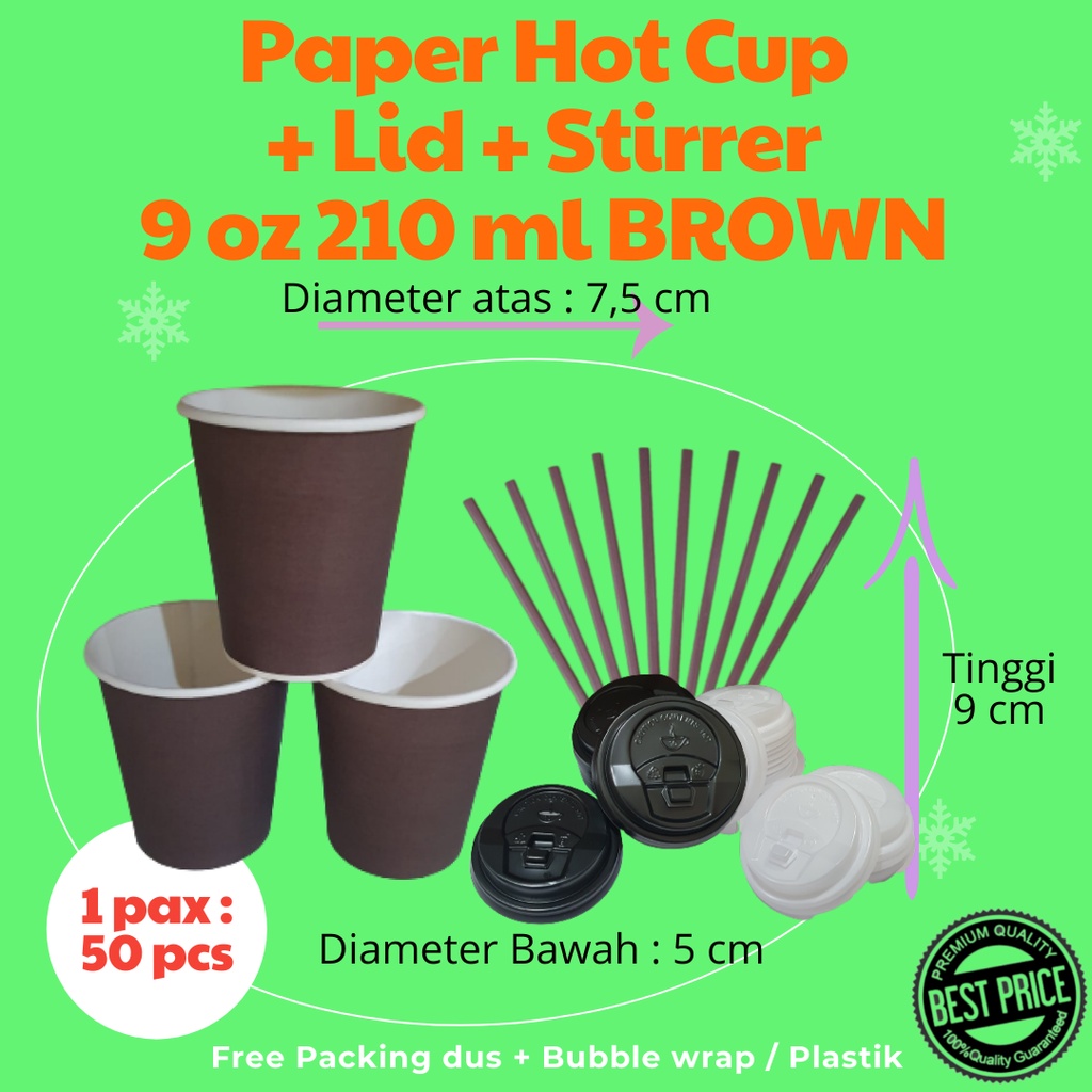 Jual Paper Hot Cup 9 oz 210 ml BROWN + Tutup/ Lid + Stirrer isi 50 pcs Gelas kertas | Shopee ...